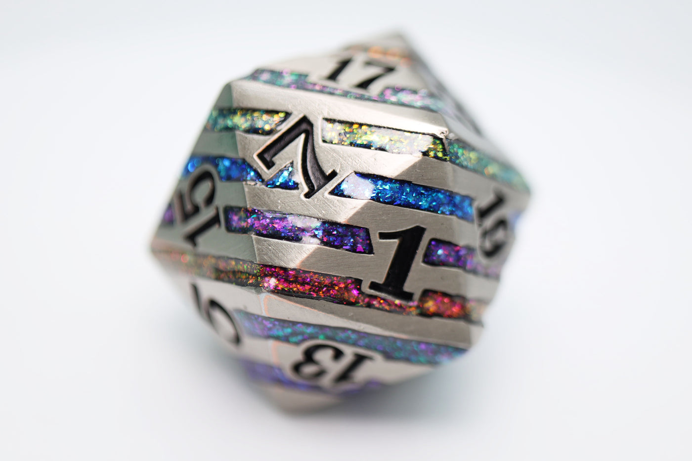 35mm Metal D20 - Silver with Rainbow Mica – Foam Brain Games